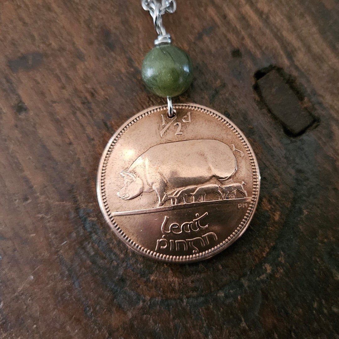 Irish Coin Necklace eire Half Pence pig and Piglets Coin - Etsy