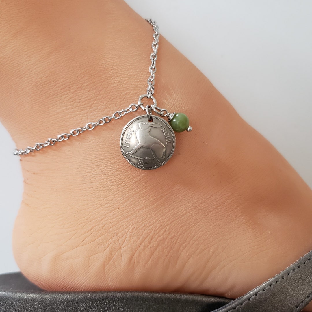 Lucky Rabbit Irish Coin Anklet connemara rabbit Anklet bunny Anklet domed Irish 3 Pence Coin ...