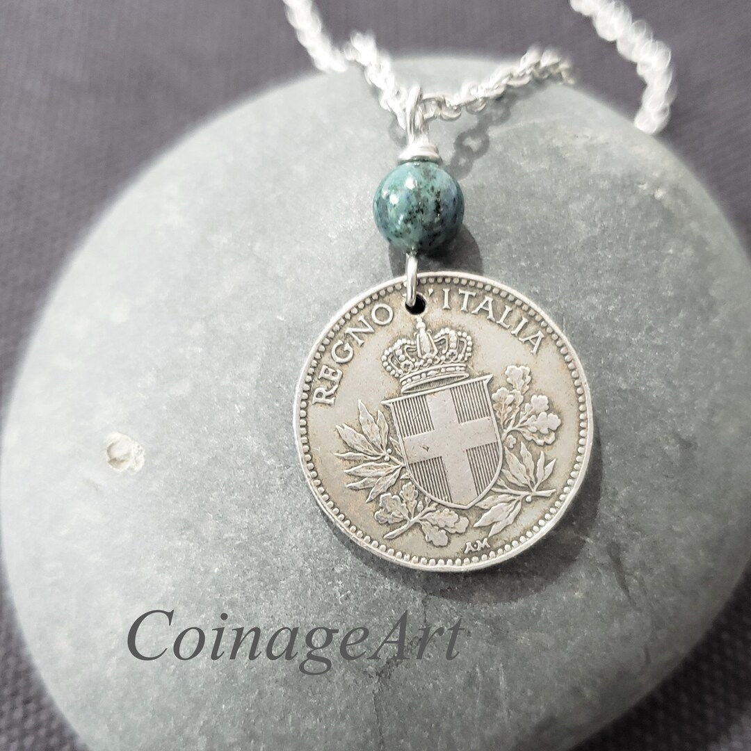 Italian Coin Necklace -chrysocolla Lapis Gemstone -vintage WWI Era ...