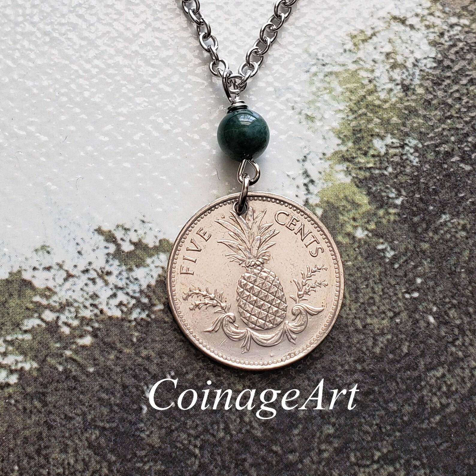 Pineapple bahamas Coin Necklace moss Agate Gemstone coin Dates 1974 to ...