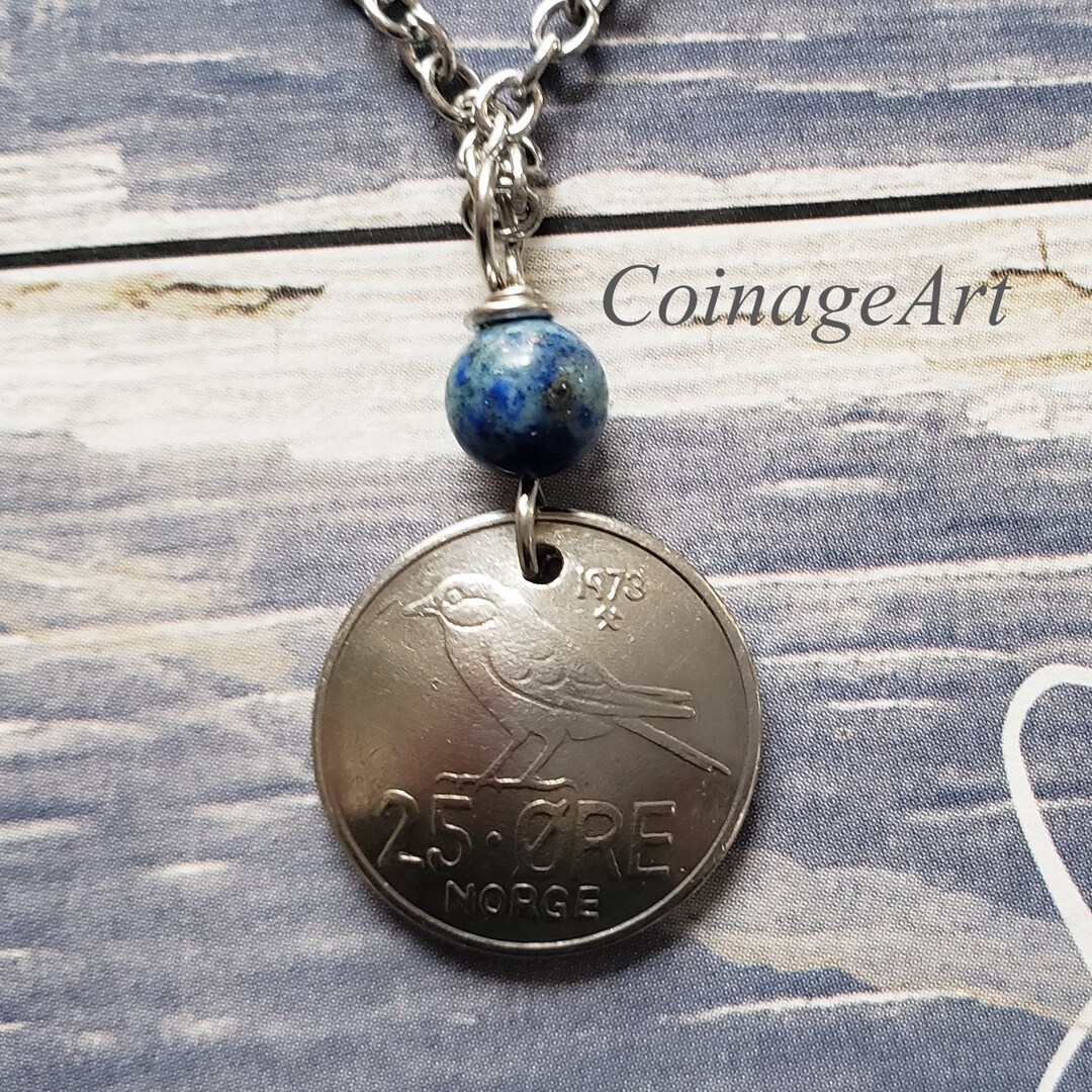 Norway Coin Necklace -lapis Lazuli Gemstone -norwegian -chickadee ...
