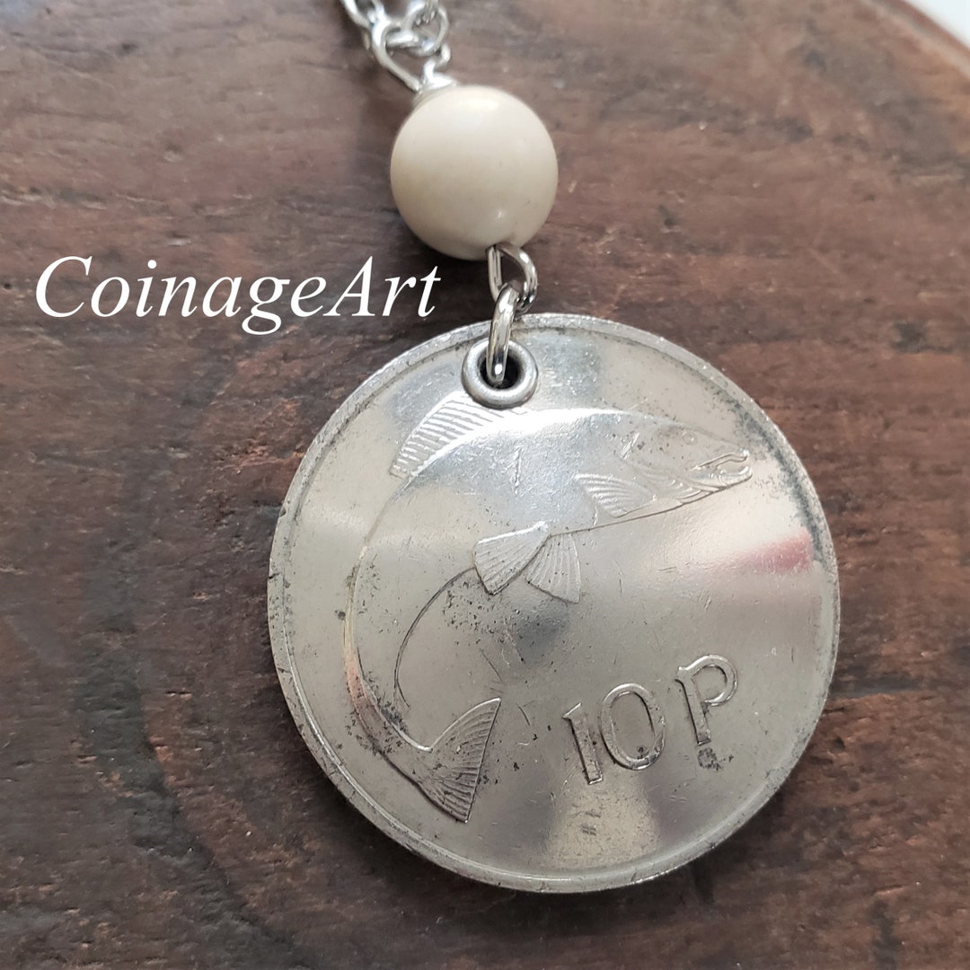 Irish Coin Necklace -irish Ulster Marble -fish Charm -domed 10 Pence ...