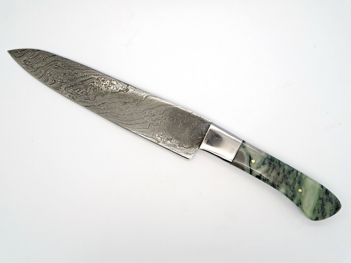 Damascus Chef Knife: Handmade Jade Handle, USA Forged - Etsy