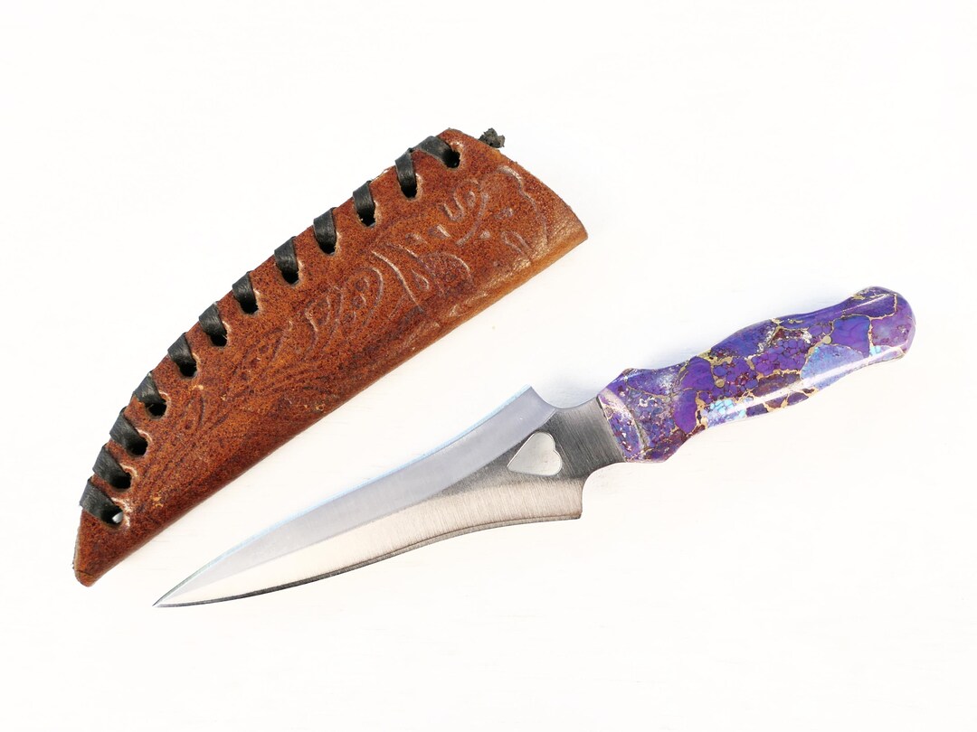 Double Edged Steel Dagger: Purple Mojave Turquoise Handle, Leather ...