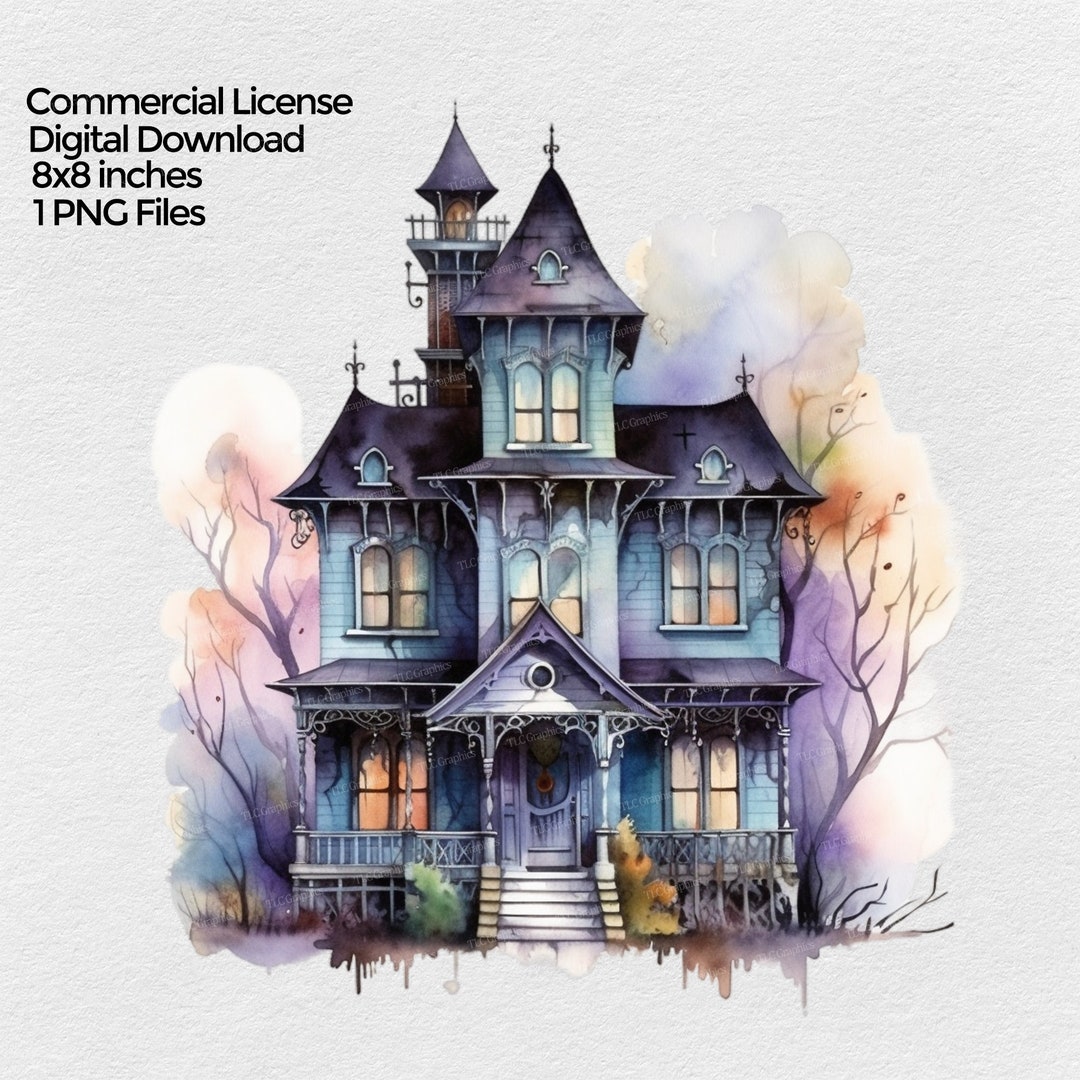 Haunted House Clipart, Watercolor Png, Pastel Halloween Image, Spooky ...