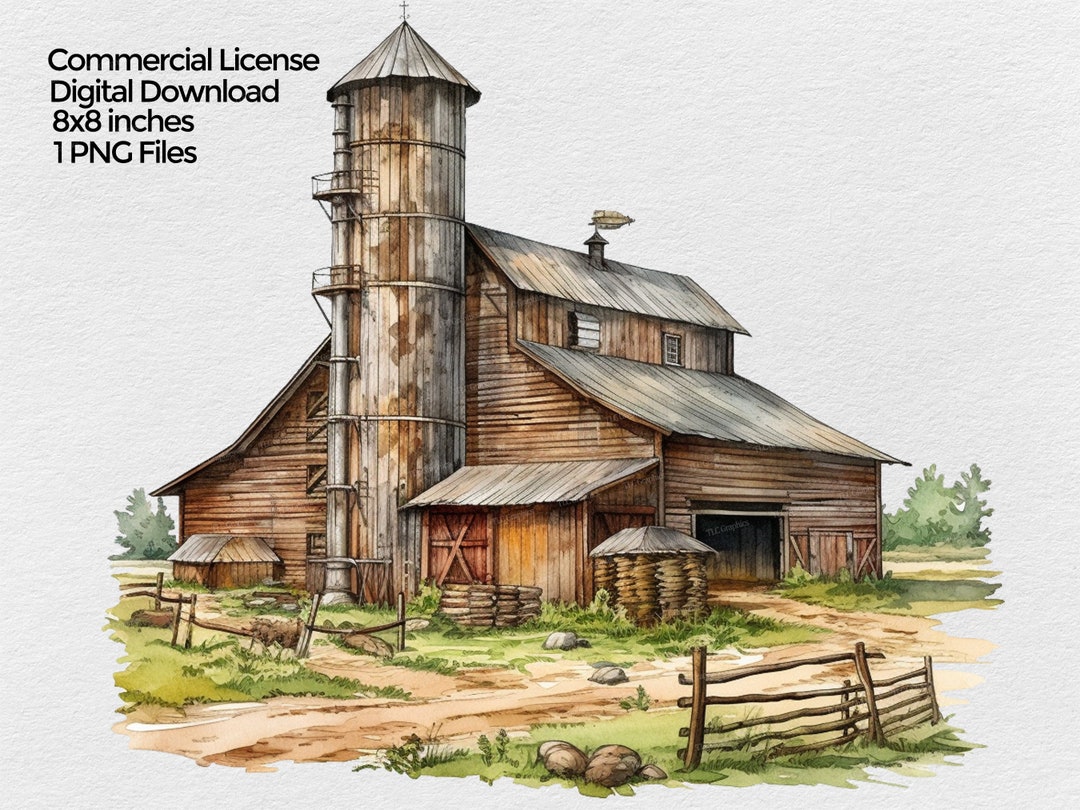 Rustic Barn Png Image, Old Farm Barn With Silo for Sublimation Png ...
