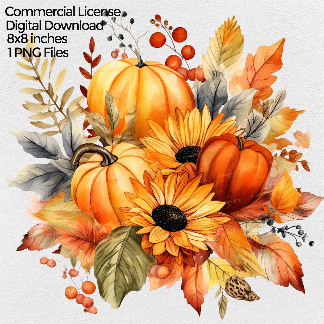 Fall Pumpkin With Leaves and Flowers Png Clipart, Autumn Floral Png ...