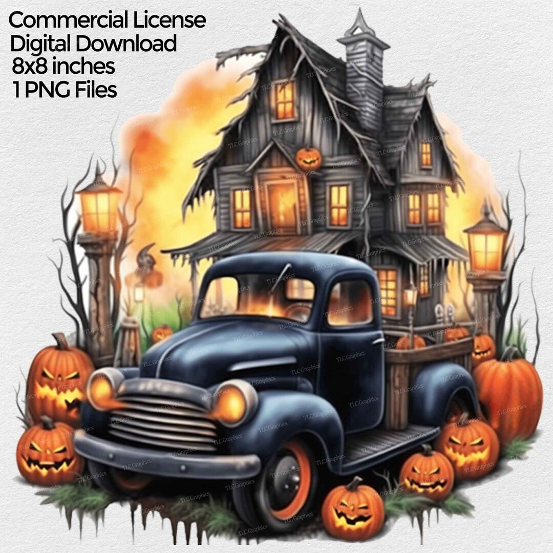 Halloween Haunted House With Old Truck Png Clipart, Pumpkin Truck Png ...
