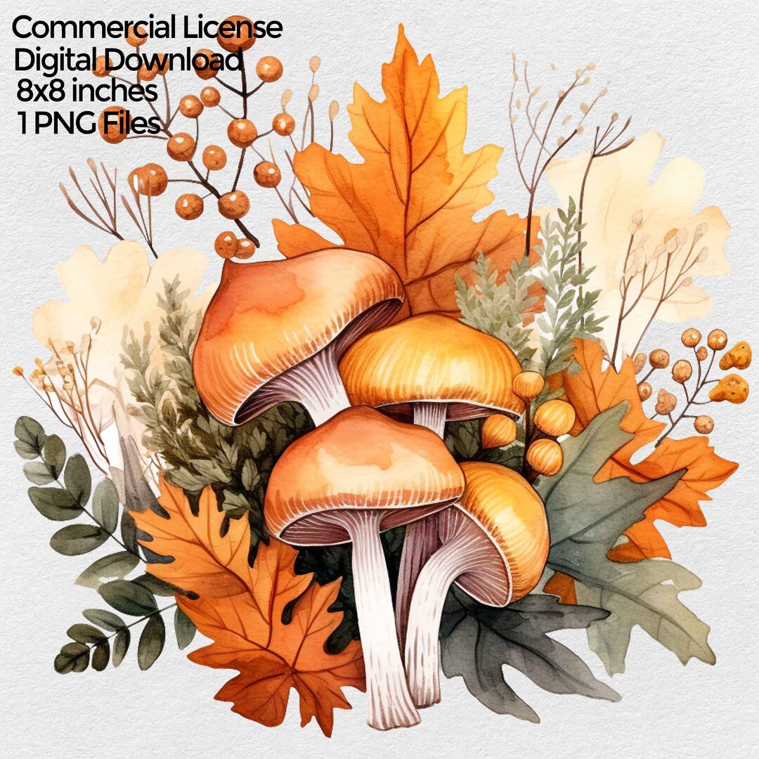 Floral Fall Mushroom Clipart, Fall Mushroom With Leaves and Flowers Png ...
