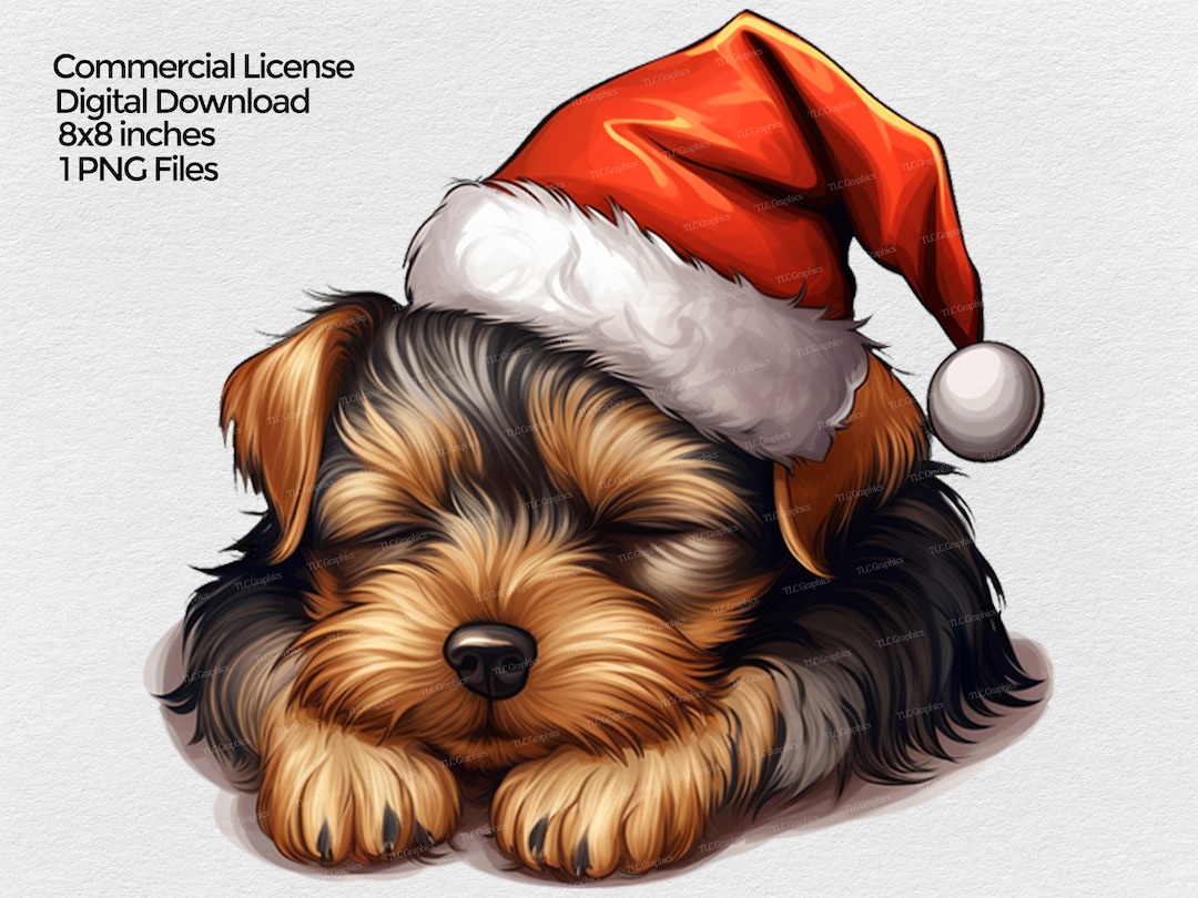 Sleeping Yorkie Puppy With Santa Hat Clipart, Yorkshire Terrier Dog ...
