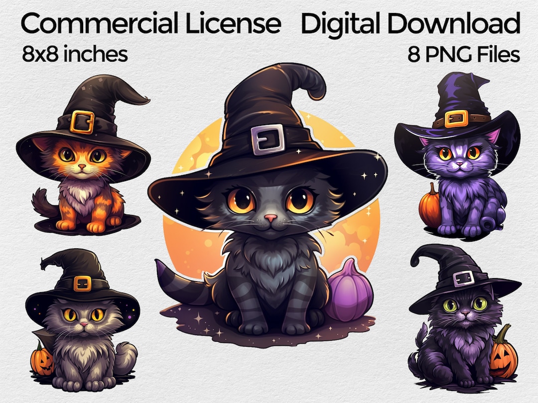 Cute Halloween Cat Clip Art Bundle, Cute Cat Png Clipart Files ...