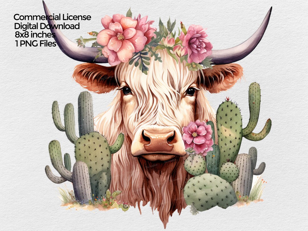 Highland Cow With Cactus Flowers Watercolor Clipart, Png Image for ...