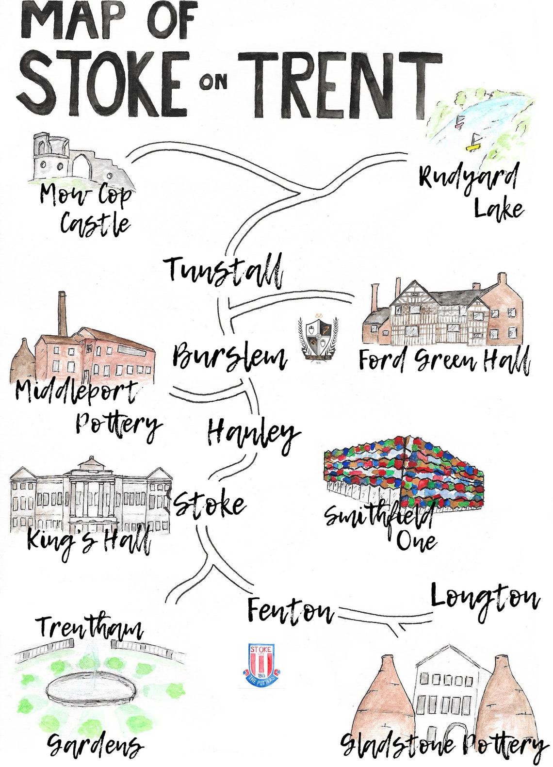 Map of Stoke-on-trent / Staffordshire / Watercolour Print / | Etsy