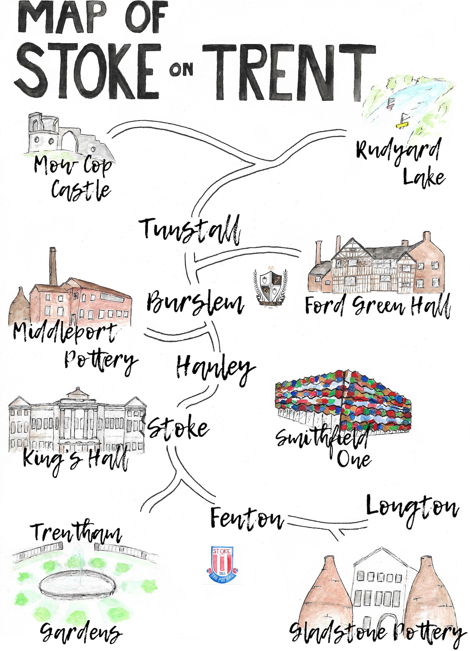 Map of Stoke-on-trent / Staffordshire / Watercolour Print / - Etsy