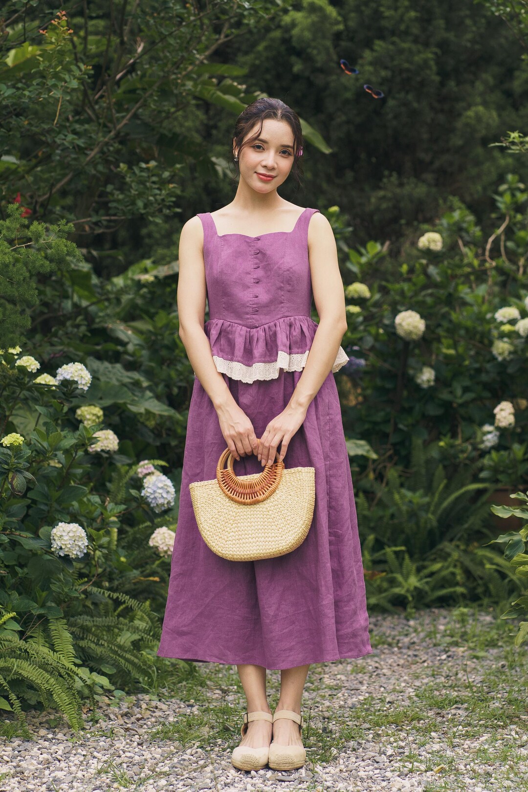 Mauve Linen Maxi Dress Set, Peplum Ruffle Square Neck With Adjustable ...