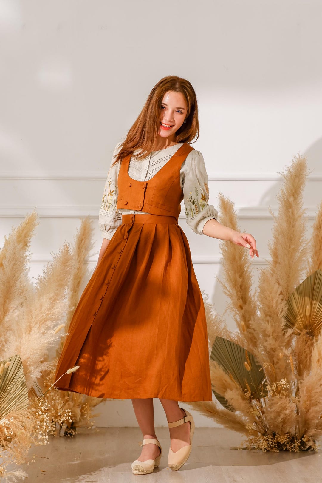 Terracotta Linen Dress Women Vintage Set, Outfit With Embroidered ...