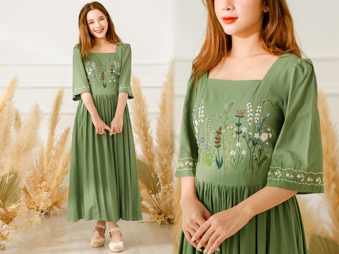 Linen Square Neck Dress, Wildflowers Embroidered Linen Dress, Maxi ...