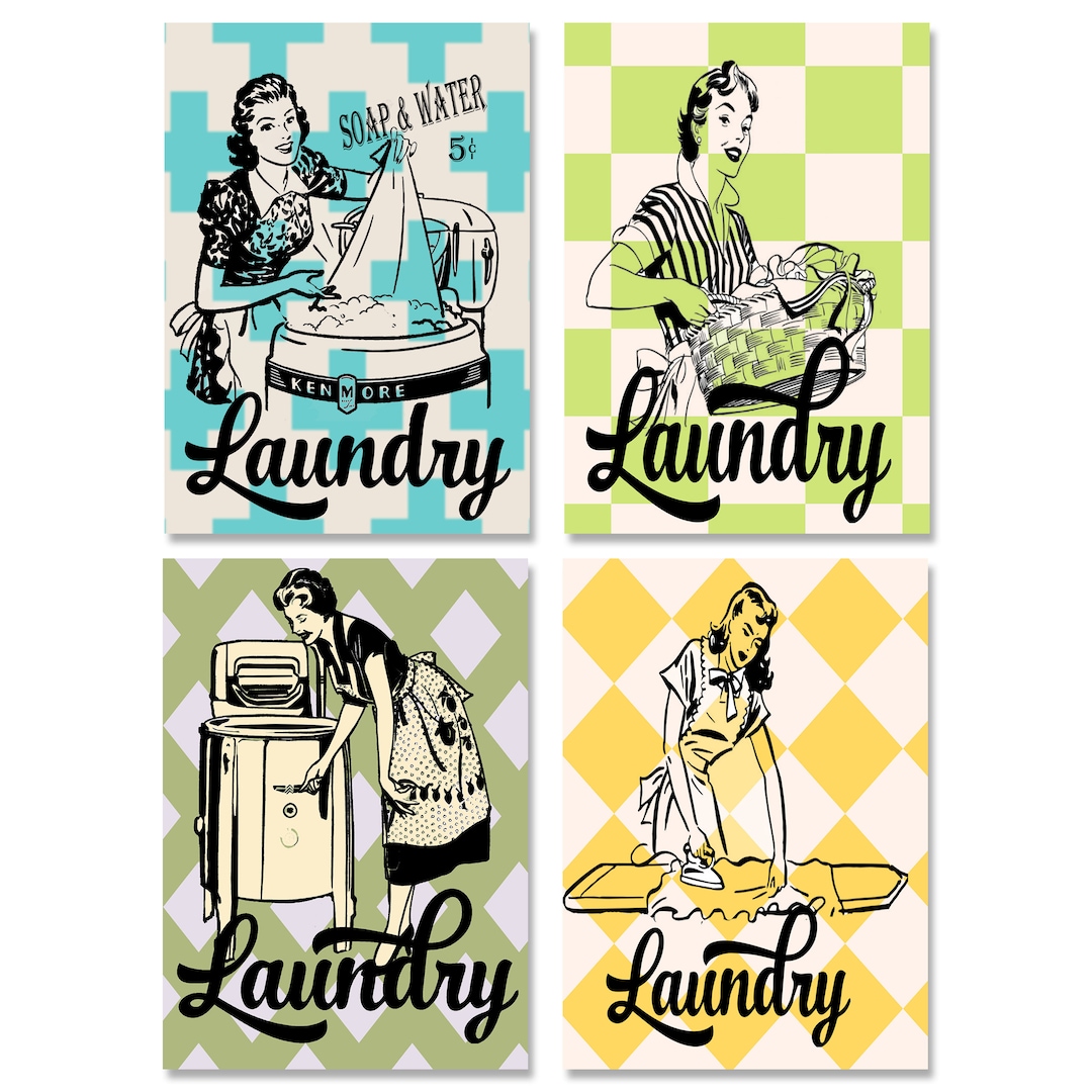Set of 4 Laundry Room Mid Century Laundry Ladies Art Semi Gloss 8" X 10 ...