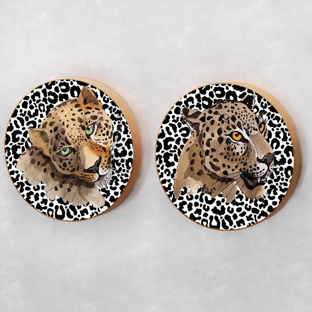Set of 2 Leopards on Black and White Leopard Print Wooden Refrigerator ...