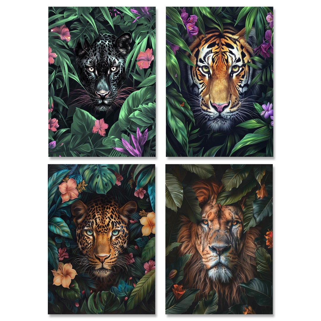 Set of 4 Jungle Cats in the Leaves Art Semi Gloss 8" X 10" Wall Prints ...
