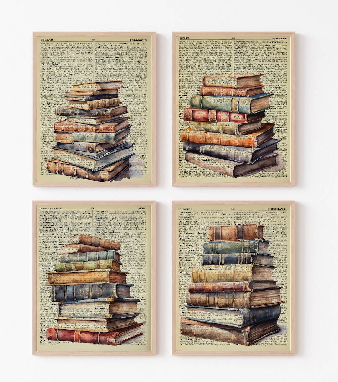 Set of 4 Old Book Themed Dictionary Wall Art Prints - Vintage Style Art ...