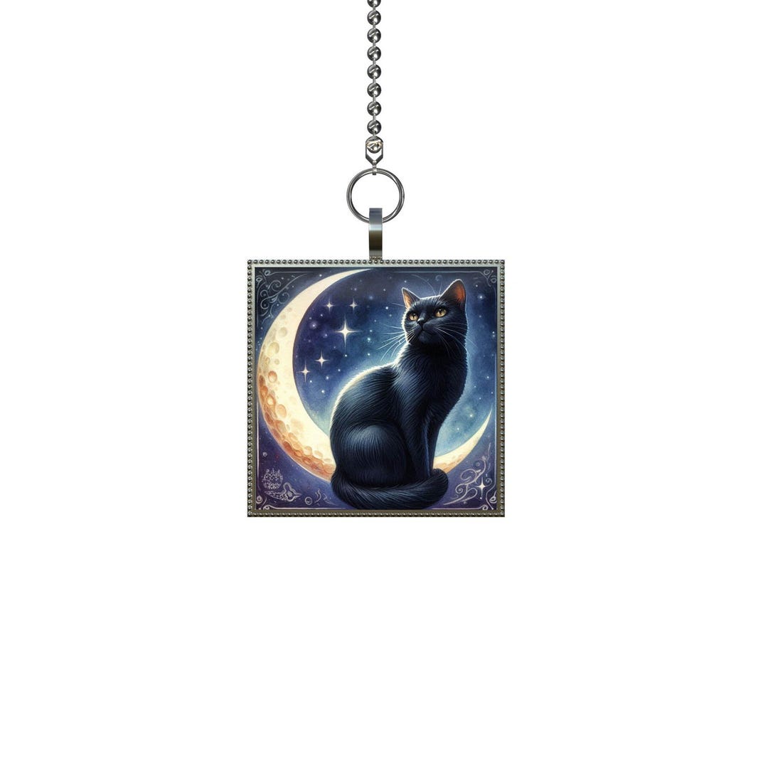 Crescent Moon Black Cat Ceiling Fan / Light Pull Square Pendant With ...