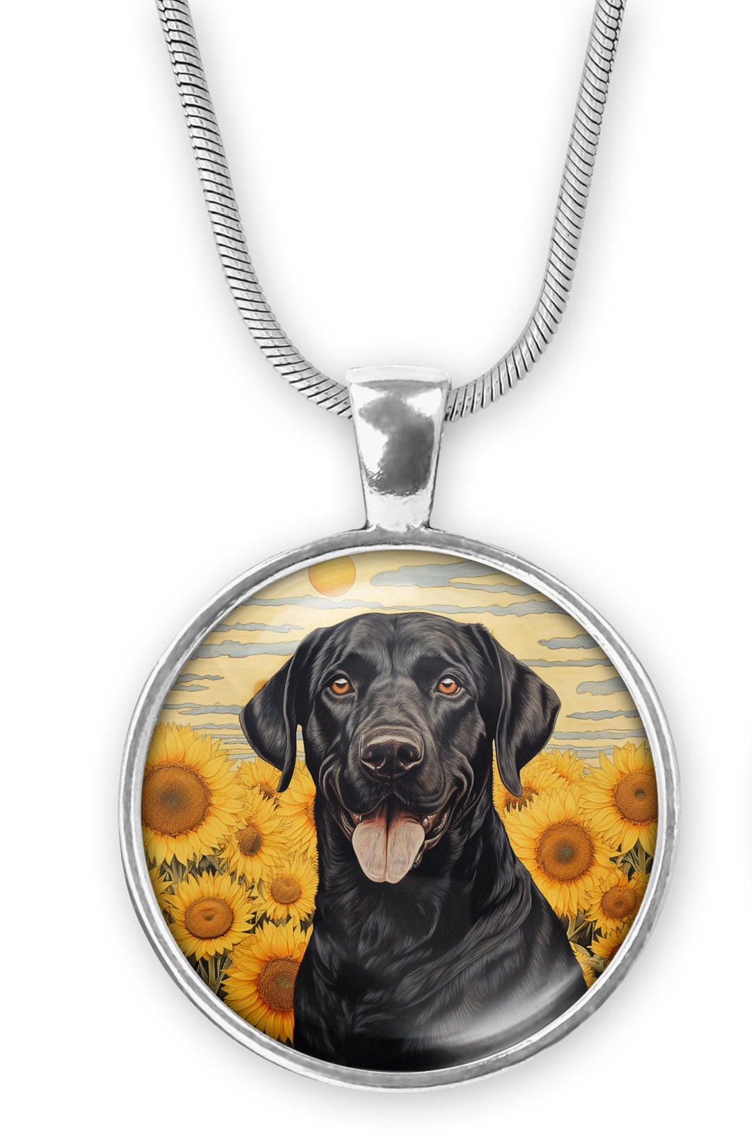 Black Labrador Dog in Sunflowers Design #1 Pendant on Chain / Necklace ...