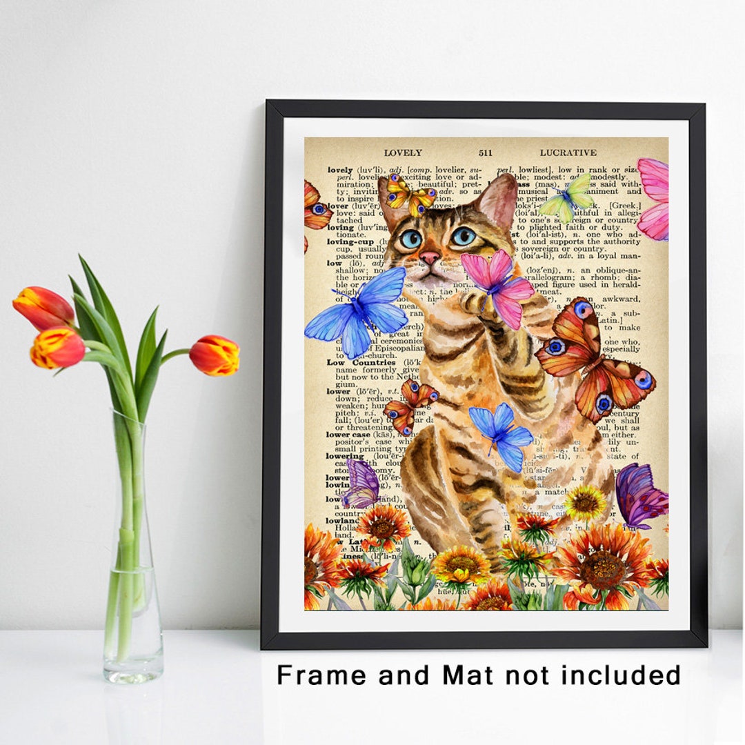 Tabby Cat in a Butterfly Garden Dictionary Page Wall Art Print ...