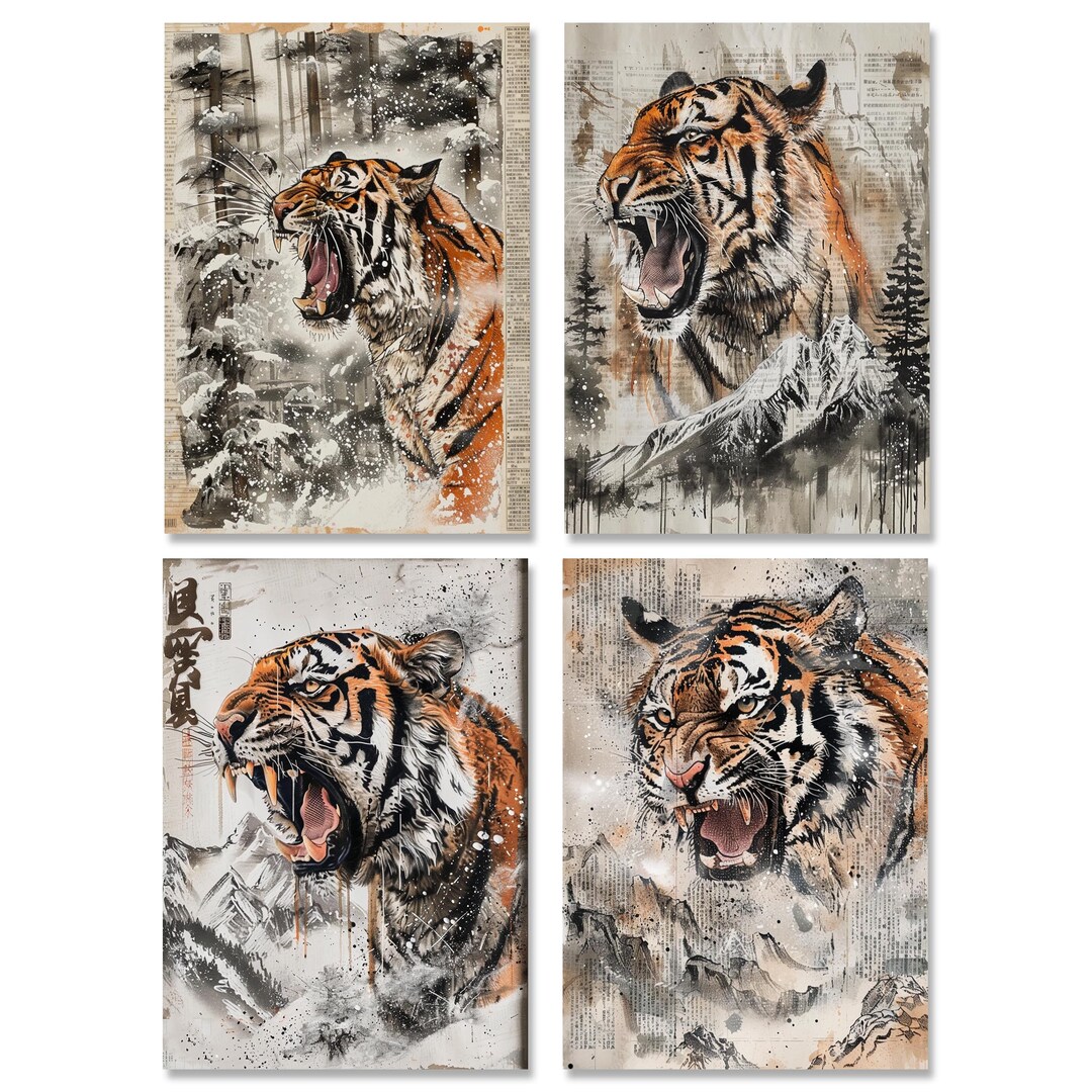 Set of 4 Japanese Roaring Tiger Old Book Paper Art Semi Gloss 8" X 10 ...