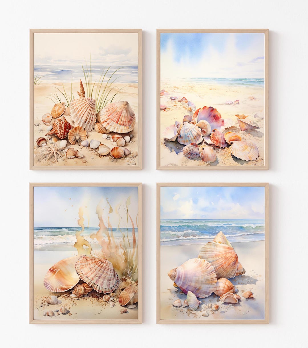 Set of 4 Watercolor Seashell Beach Art Semi Gloss 8" X 10" Wall Prints ...