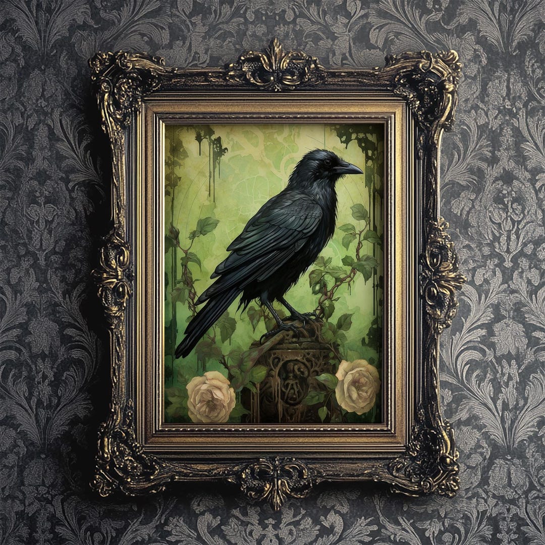 Gothic Crow & Roses Art Print: Green Wall Decor, Made in USA - Etsy