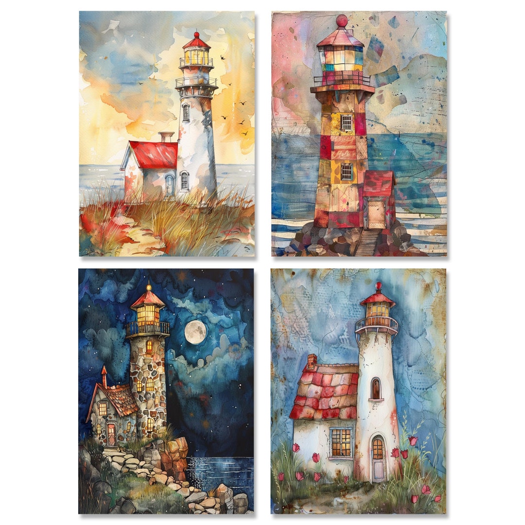 Set of 4 Prim Lighthouses Art Semi Gloss 8" X 10" Wall Prints ...