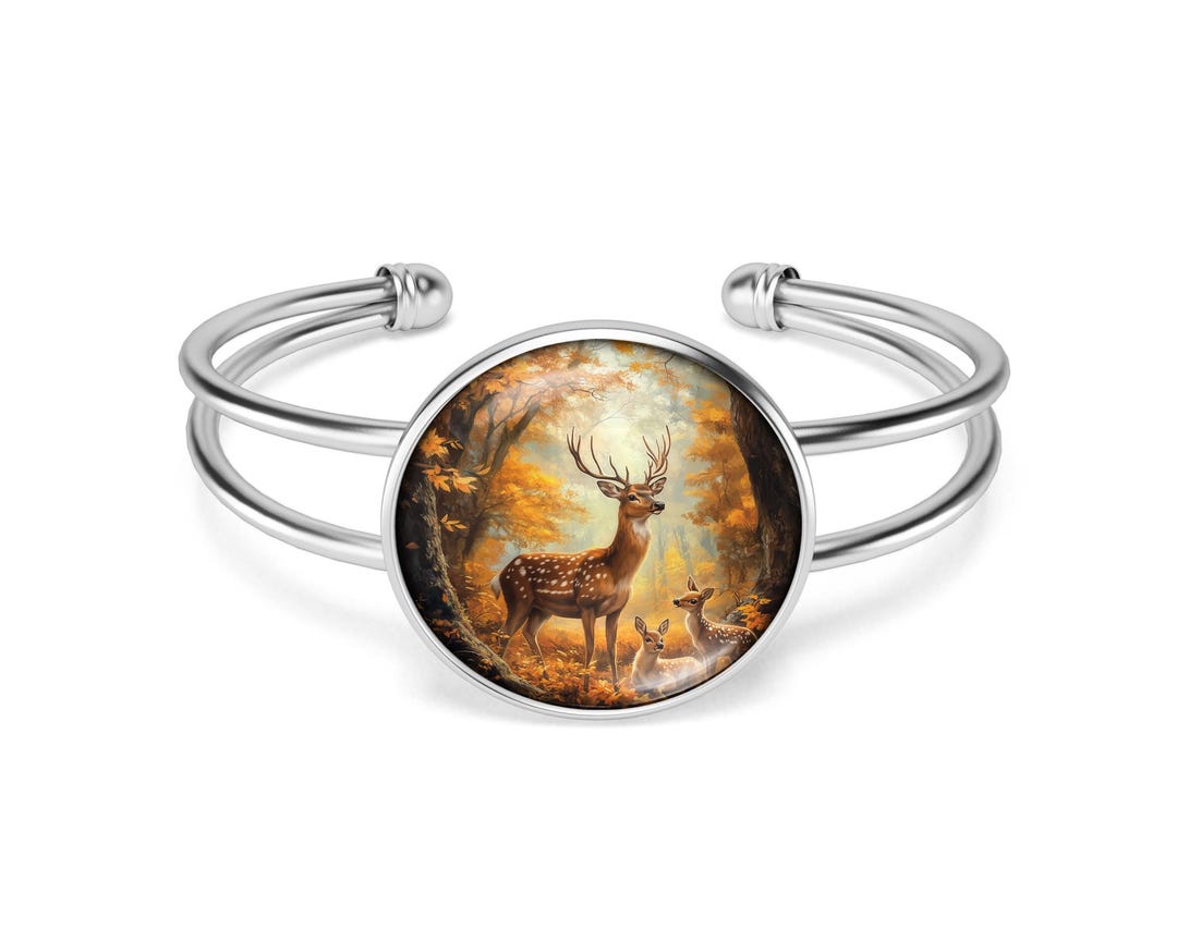 Buck and Fawns Deer Autumn Fantasy Forest Bangle Cuff Bracelet Fashion ...