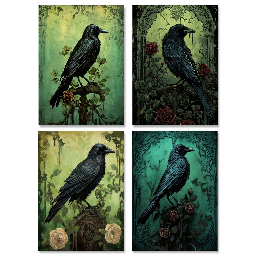 Set of 4 Gothic Crows on Green Art Semi Gloss 8" X 10" Wall Prints ...