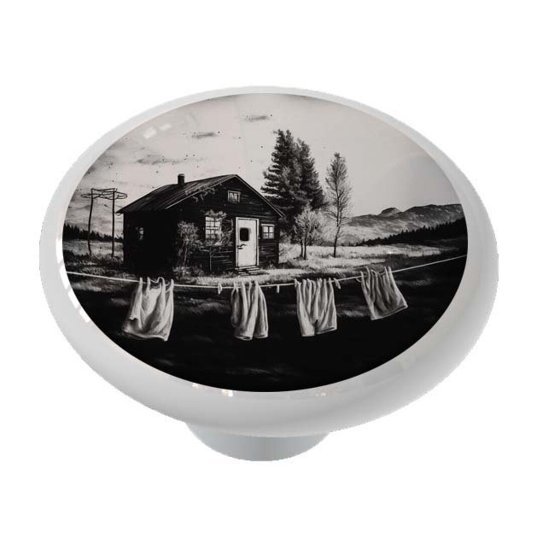 Black and White Country Cabin Laundry Scene Laundry Room Round ...