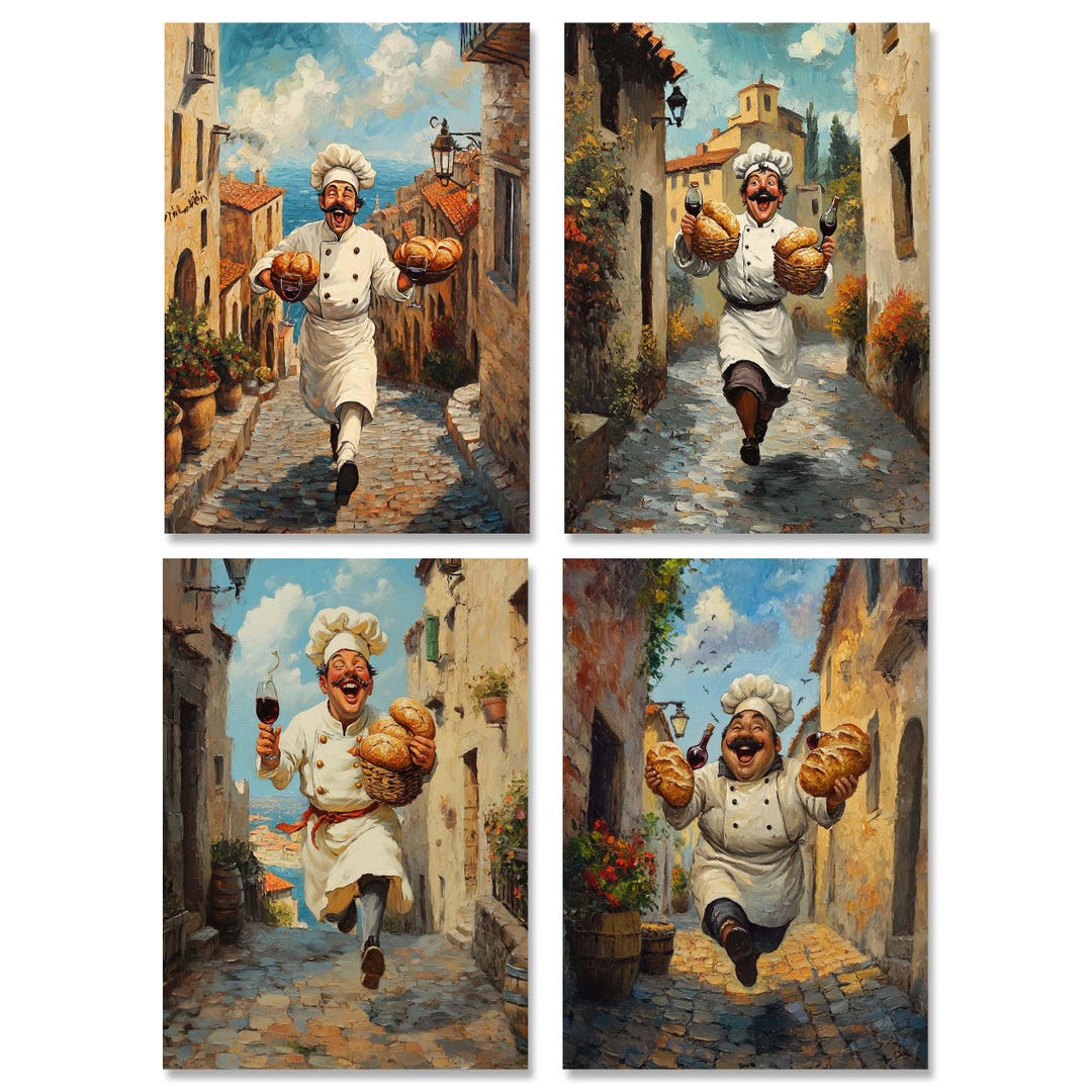 Set of 4 Running Italian Chef With Wine and Bread Semi Gloss 8" X 10 ...