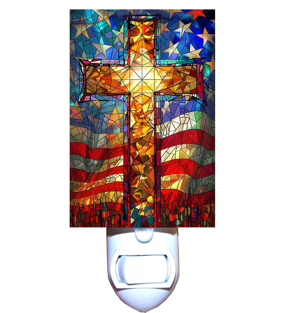 Religious Night Light Stained Glass Effect American Flag Cross Night ...