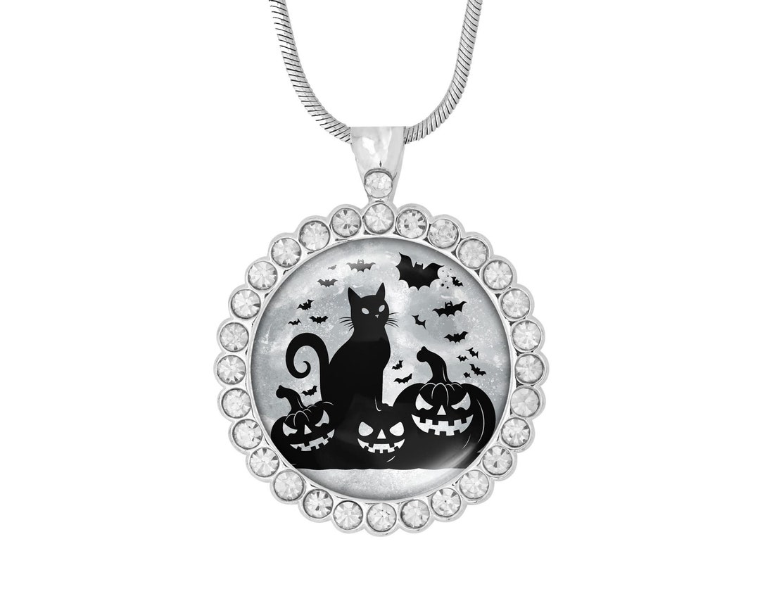Halloween Cat Pumpkins and Bats Round Glow in the Dark Rhinestone ...