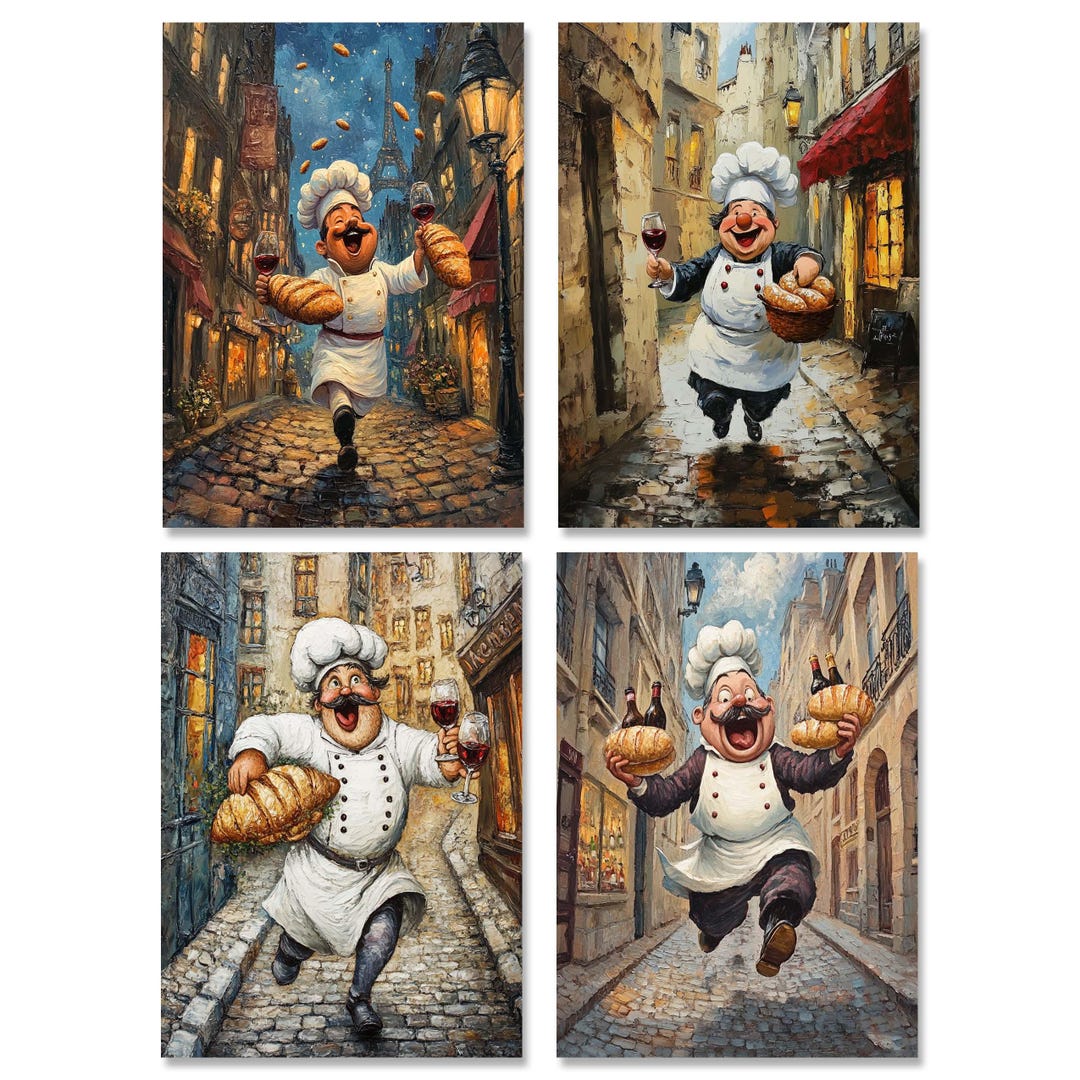Set of 4 Running Paris Chef Semi Gloss 8" X 10" Wall Prints / Kitchen ...