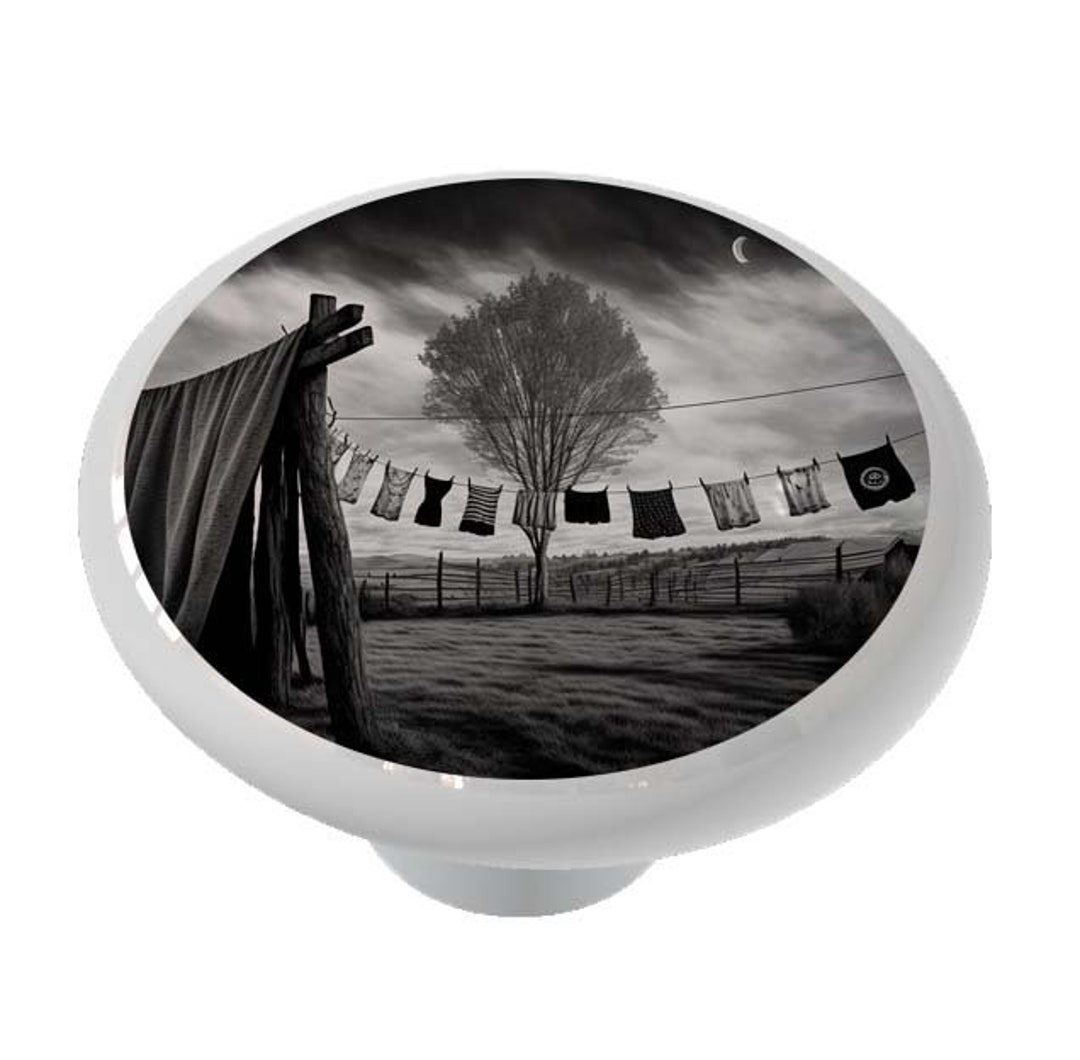Black and White Country Laundry Scene Laundry Room Round Ceramic Drawer ...
