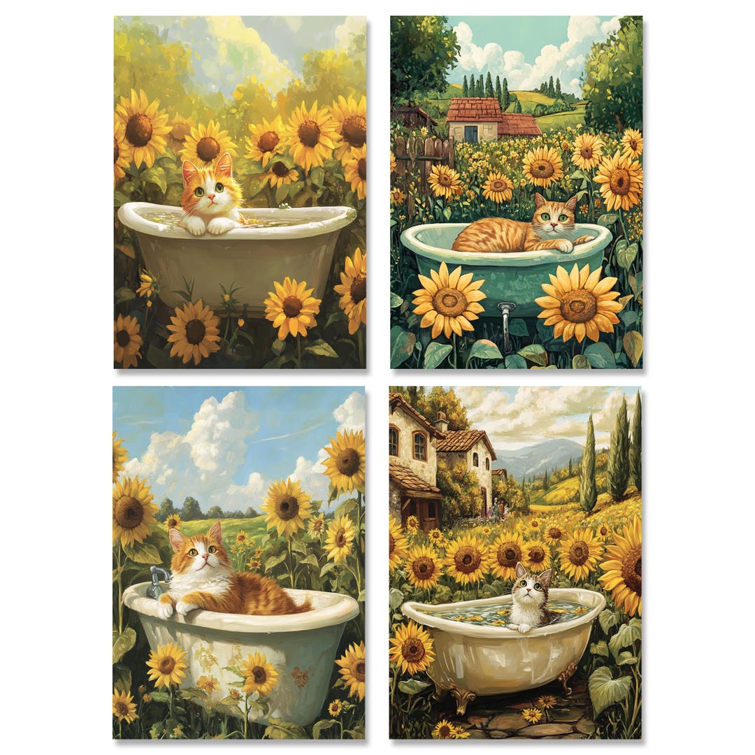 Set of 4 Tuscan Sunflower Bath Tub Cats Semi Gloss 8" X 10" Wall Prints ...