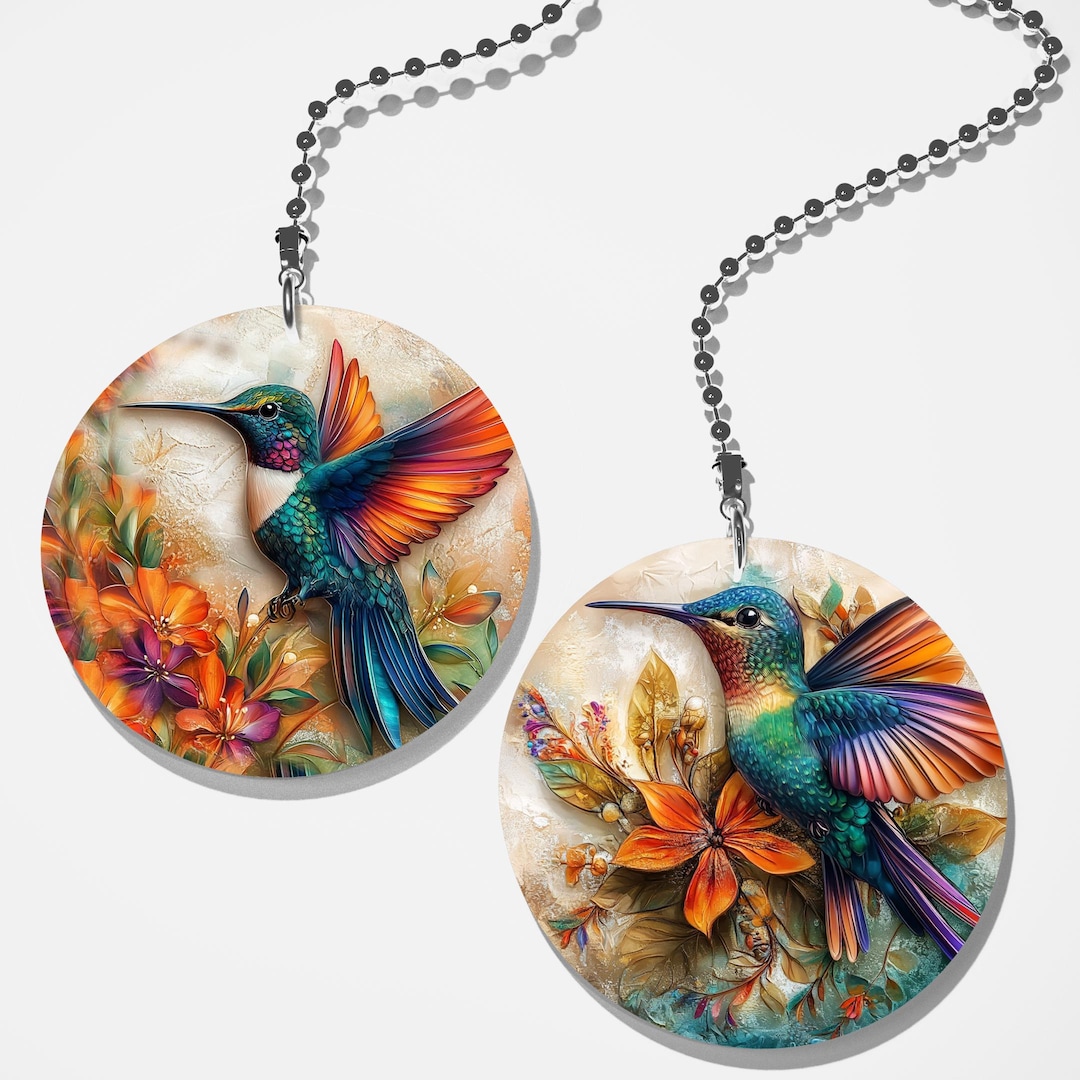Set of 2 Coordinating Rainbow Hummingbird Floral Fan Pull / Light Pull ...