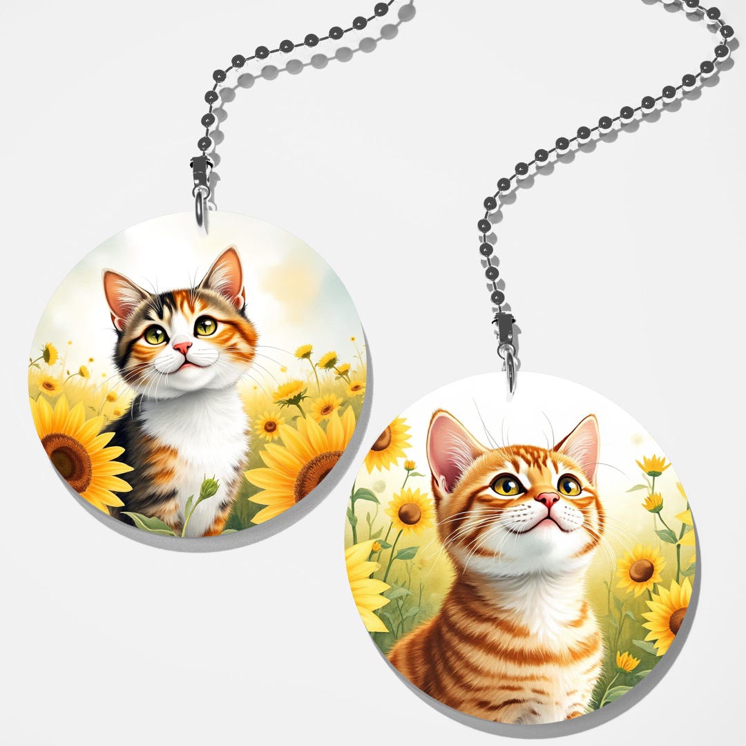 Set of 2 Coordinating Happy Little Sunflower Cats Fan Pull / Light Pull ...