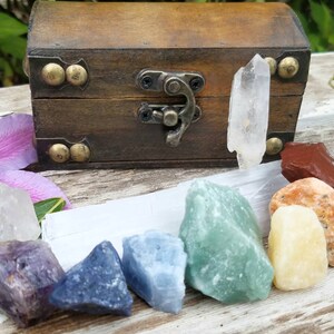 11pc Chakra Kit Crystal Set Raw Gemstone Treasure Chest Box Selenite ...