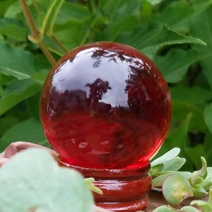 Red Glass Crystal Ball Wood Stand 40mm Divination Gazing Sphere Scrying ...