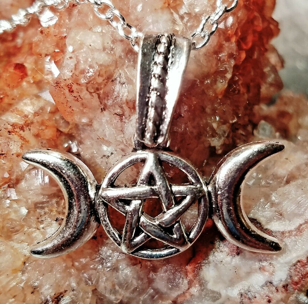 Triple Goddess Crescent Moon Pentagram Holy Trinity Necklace Pendant ...