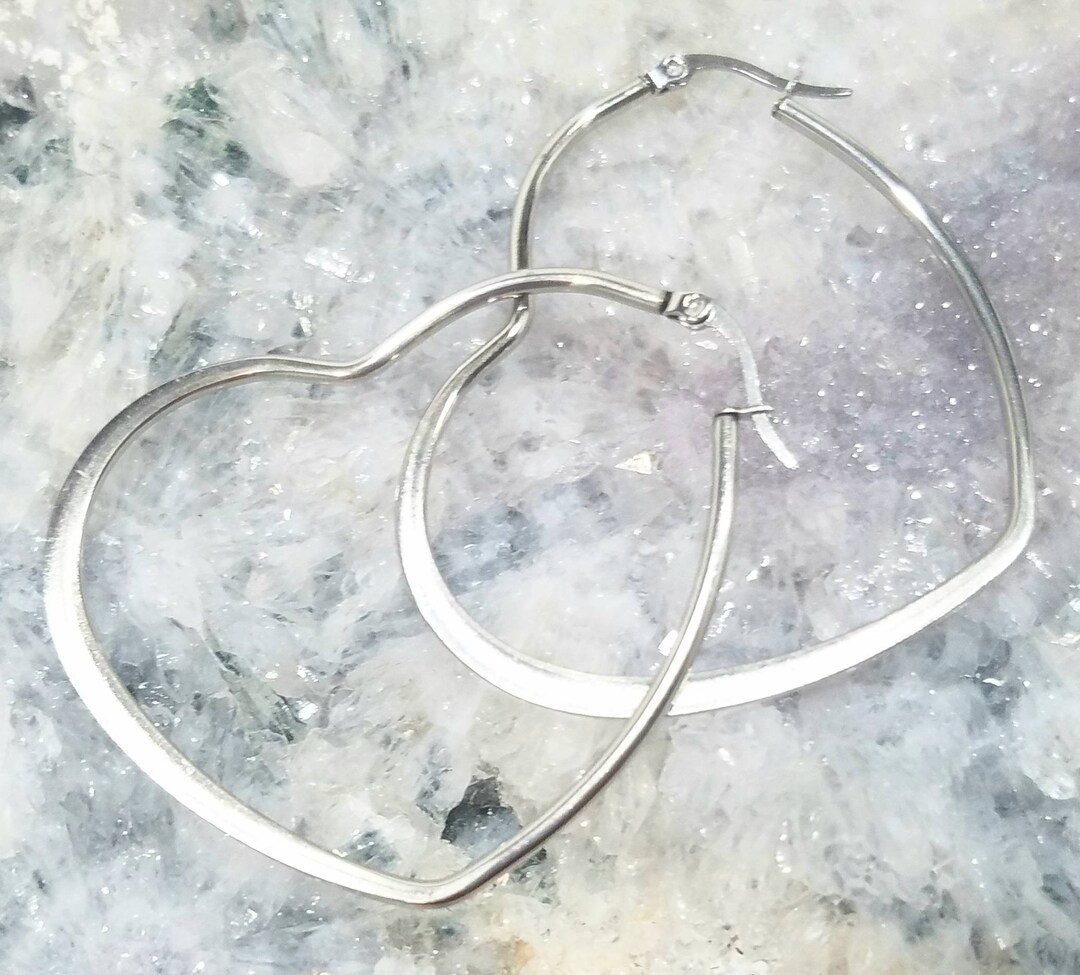 Stainless Steel Large Heart Hoop Earrings Silver Moon Goddess Metal of ...