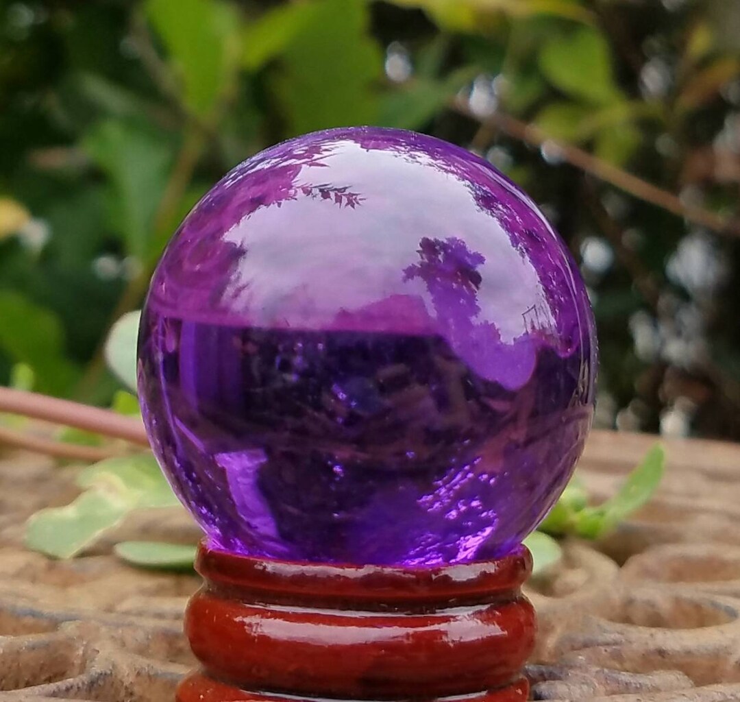 Purple Glass Crystal Ball Wood Stand 40mm Divination Gazing Sphere ...