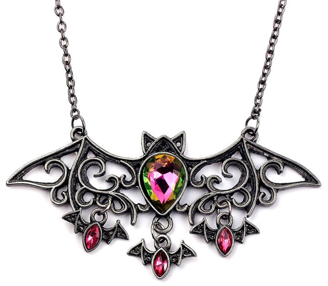 Bat Crystal Pendant Necklace Vintage Silver Halloween Pink All Hallows ...