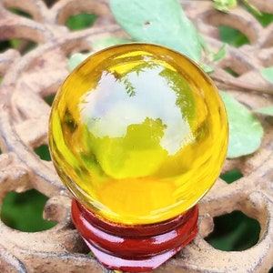 Yellow Glass Crystal Ball Wood Stand 40mm Divination Gazing Sphere ...